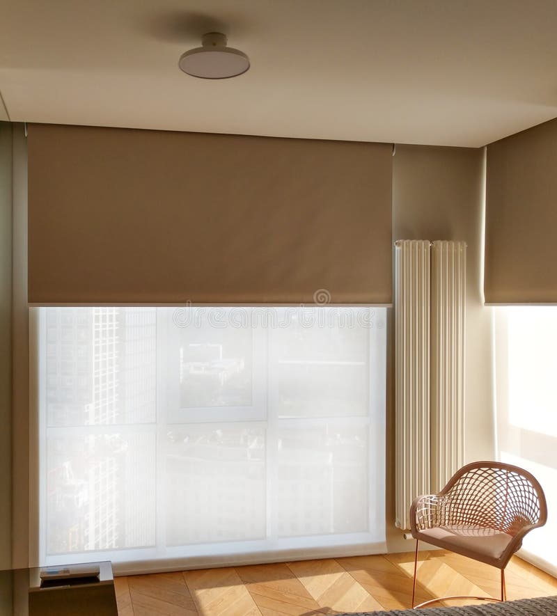 Motorized Roller Blinds Covering Large Windows. Stock Image - Image of ...
