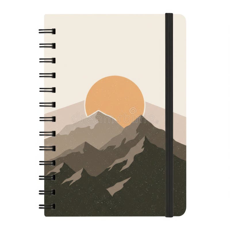 Beige Notebook with Minimalist Mountain Sunset Design Stock ...