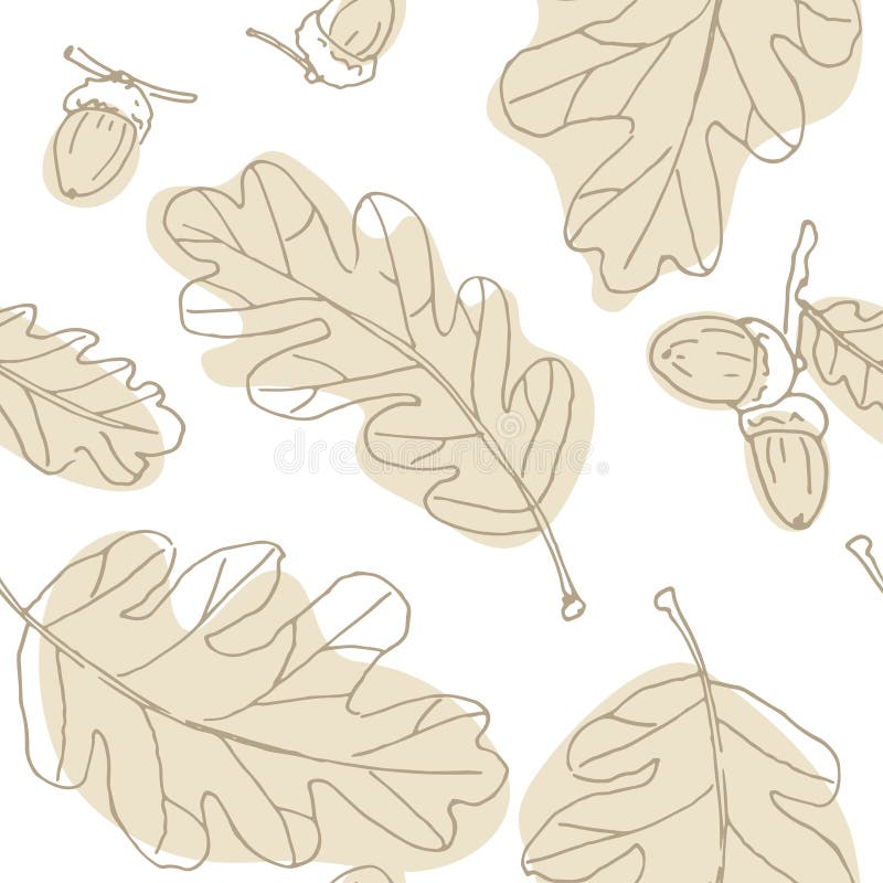 Beige Oak Outline Leaves and Acorns in White Background. Seamless ...
