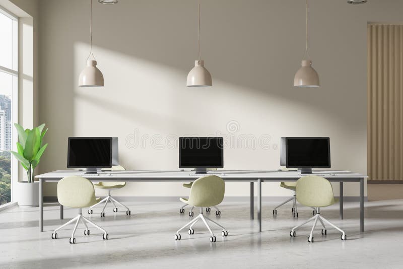 Beige Office Coworking Interior with Pc Monitors and Armchairs in Row ...