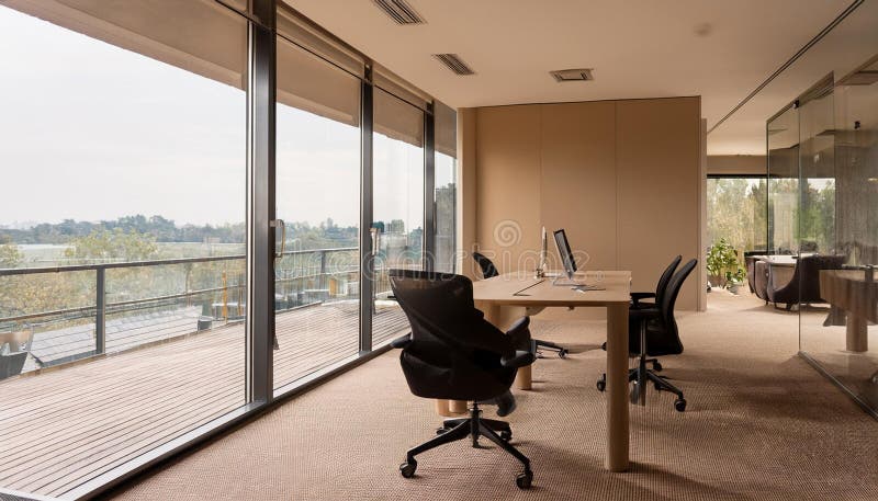 Beige Office Interior with Work Desk, Meeting Table and Panoramic ...