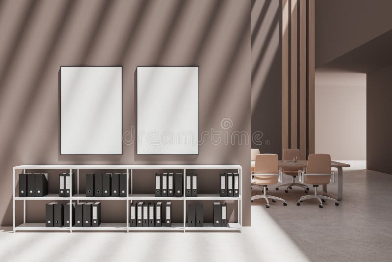Beige Office Workspace Interior with Table and Sideboard. Mockup Frames ...