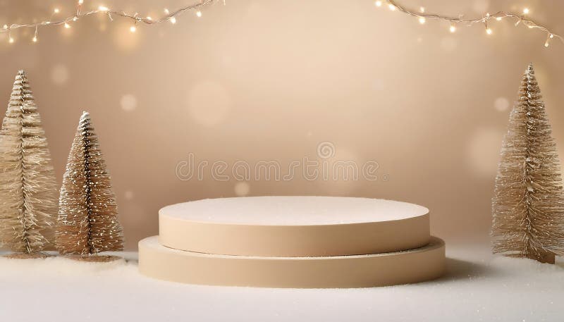 Winter Holiday Display with Beige Podium, Festive Snow, and Glowing ...