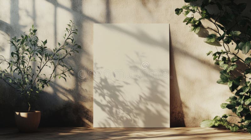 Beige Poster Mockup with Greenery and Sunlight Shadows Stock ...