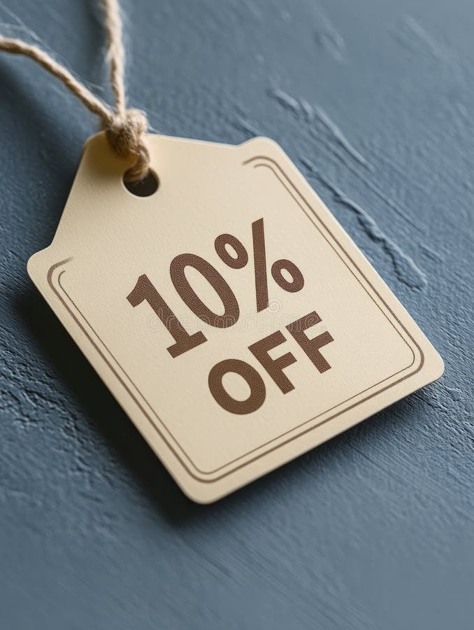Beige Price Tag with 10 Off Text on Blue Surface. Stock Photo - Image ...