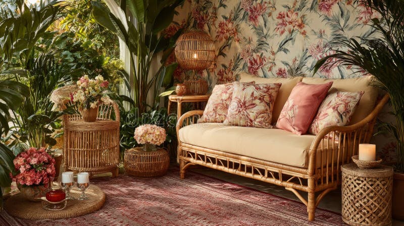 Beige Rattan Sofa in Tropical Room Decor Stock Illustration ...