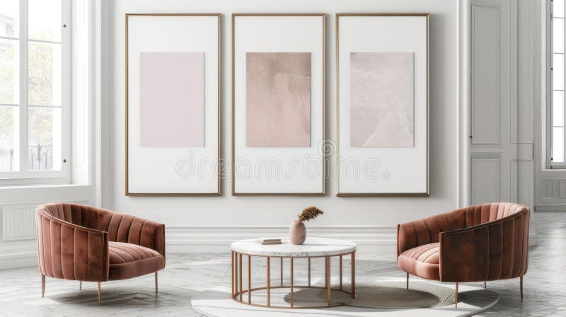 Beige Reception Room with Round Armchairs Arched Windows and Desk in a ...