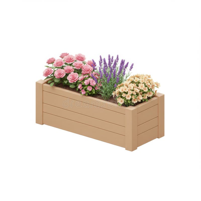 Beige Rectangular Planter with Pink, Lavender and Yellow Flowers Stock ...