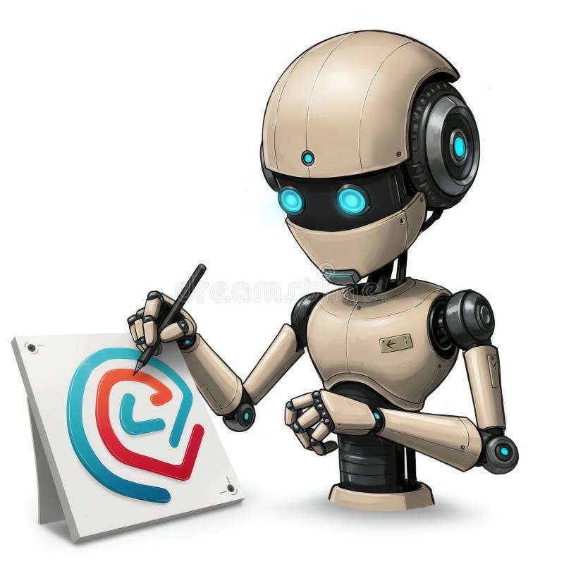 Beige Robot Drawing Colorful Logo on White Easel Stock Illustration ...