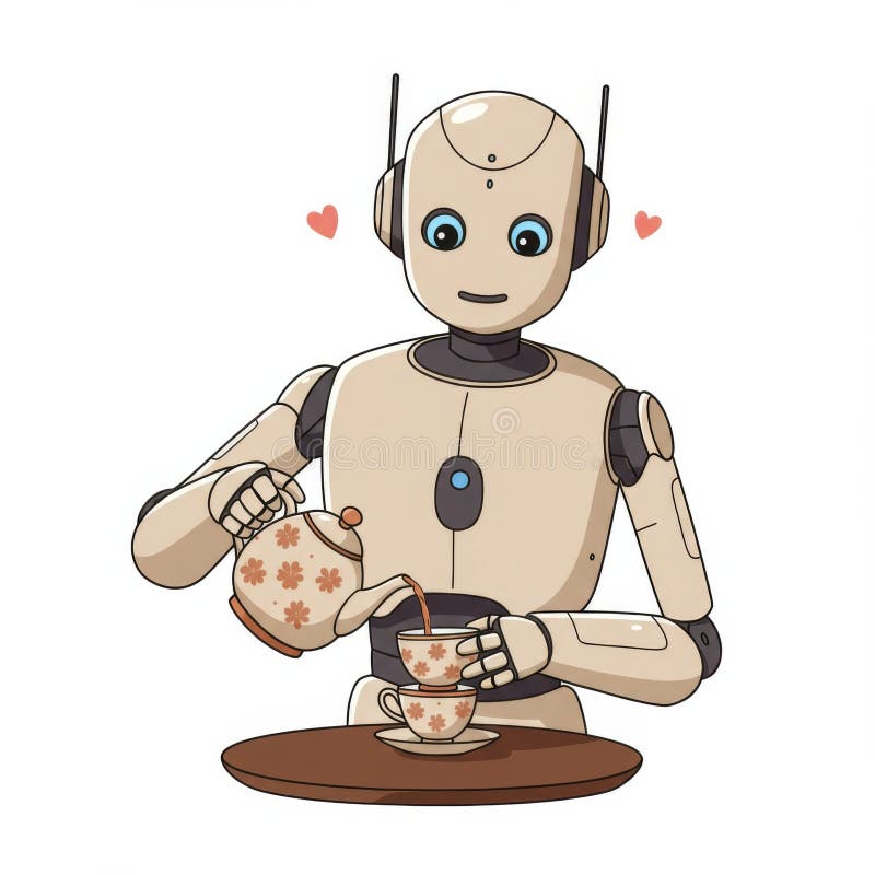 Beige Robot Pouring Tea into Cup Stock Illustration - Illustration of ...