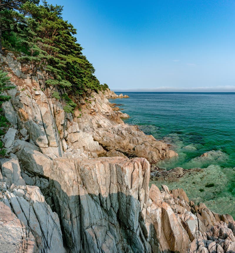 Beige Rocks with Pine Trees and Sea Stock Image - Image of view ...