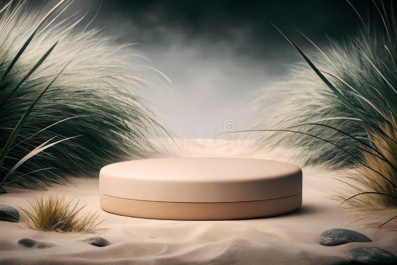 Beige Round Display Platform on Sandy Beach Stock Image - Image of ...