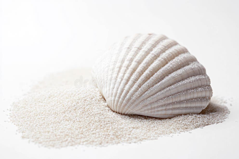 Beige Seashell with Fine Sand on Light White Background Stock ...