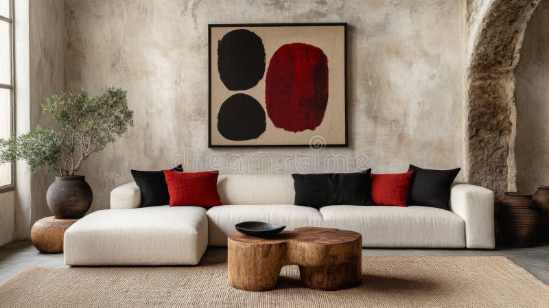 Beige Sectional Sofa with Abstract Artwork in Modern Living Room Stock ...