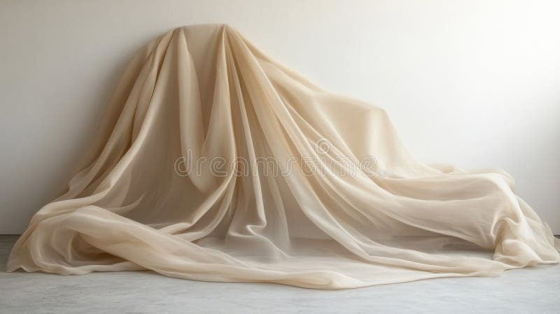 Beige Sheer Fabric Draped on Floor Against White Wall Stock ...