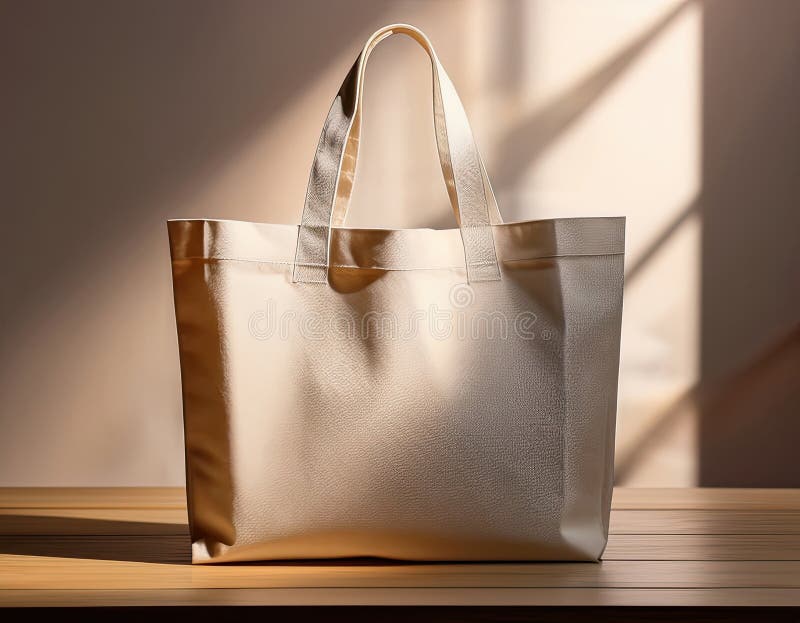 Beige Shopping Bag on Wooden Table. Background with Window Light and ...