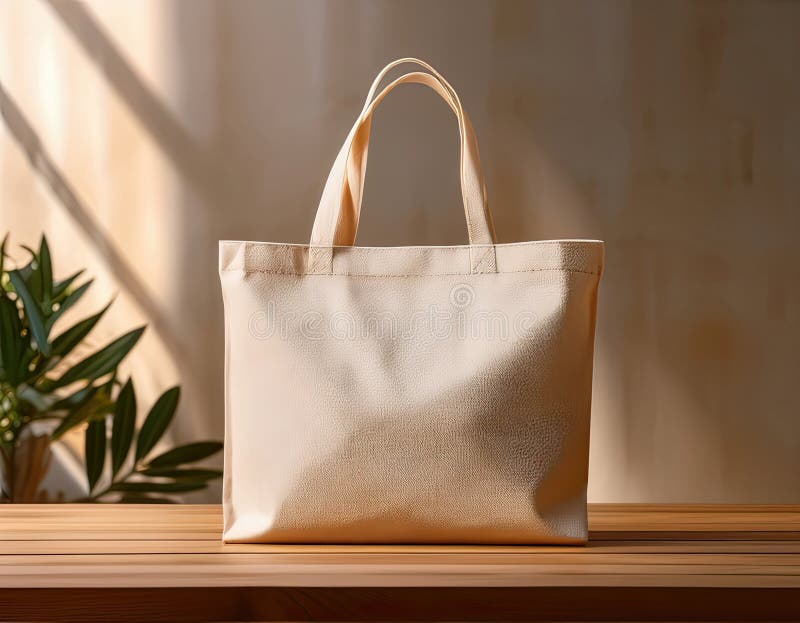 Beige Shopping Bag on Wooden Table. Background with Window Light and ...