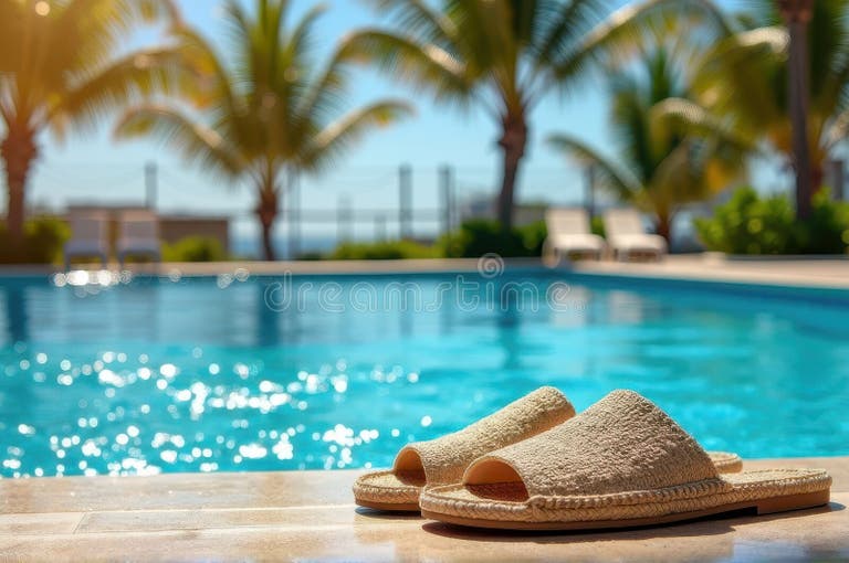 Beige Slippers by Tropical Poolside with Palm Trees and Bright Blue ...