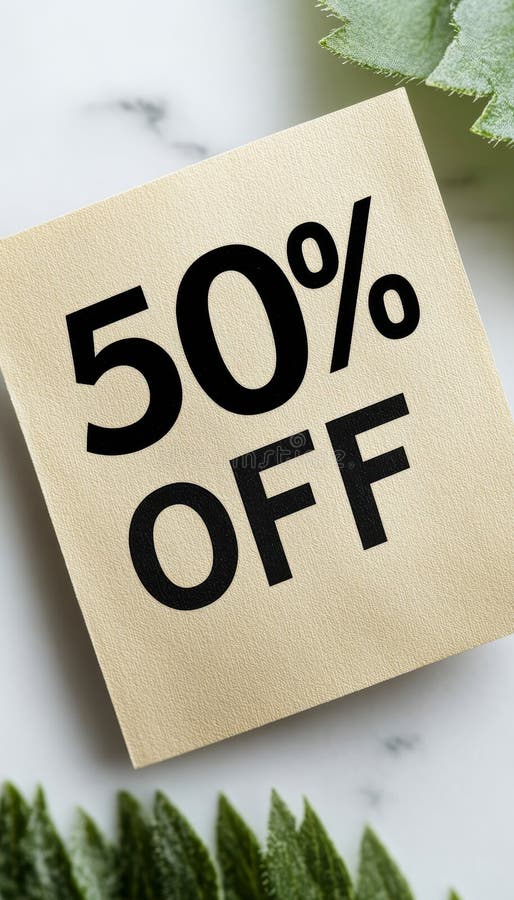 Beige Square Note with 50 Off Text, a White Background, and Green ...