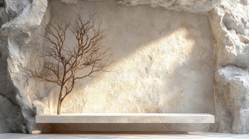 Beige Stone Bench in Minimalist Cave Setting with Branch Stock ...