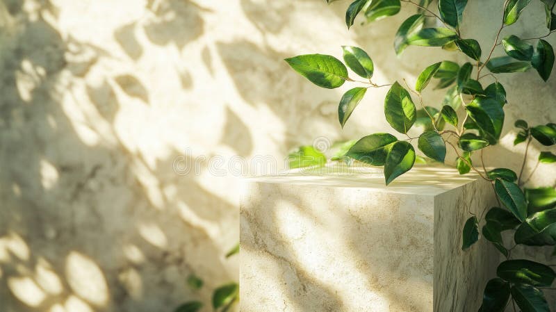 Beige Stone Cube with Green Leaves and Sunlight Shadows Stock Illustration - Illustration of ...