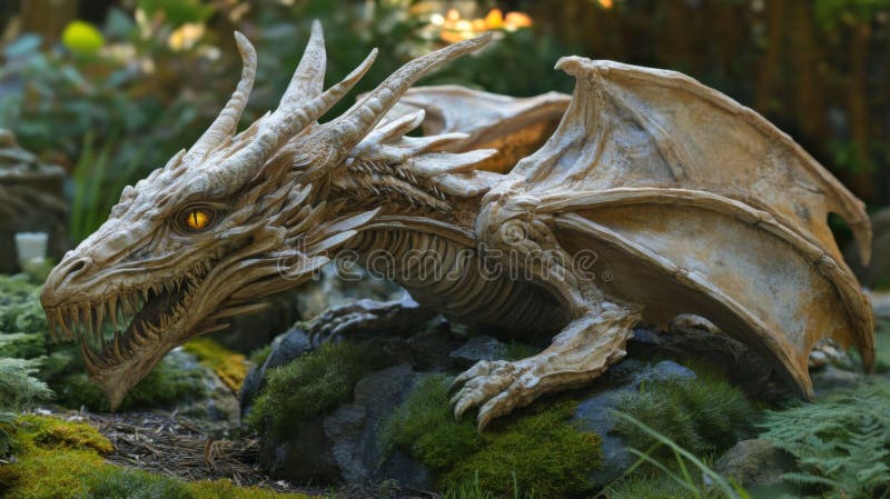 Beige Stone Dragon Statue in Mossy Garden Stock Illustration ...