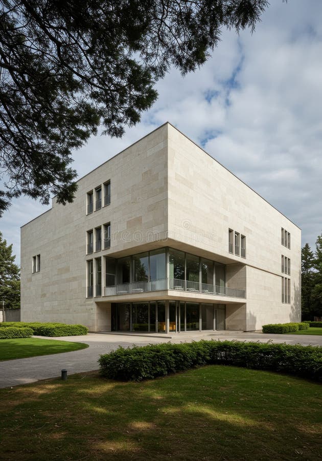 Beige Stone Modern Building Exterior with Landscaped Grounds Stock ...