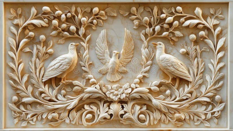 Beige Stone Relief Carving with Birds and Floral Design Stock ...