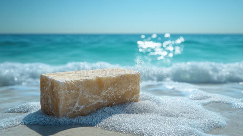 Beige Stone on Sandy Beach with Turquoise Ocean Waves Stock ...