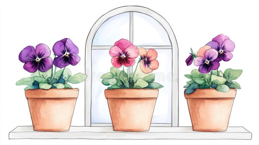 A Beige Stone Wall Features Arched Window Boxes with Three Flower Pots ...