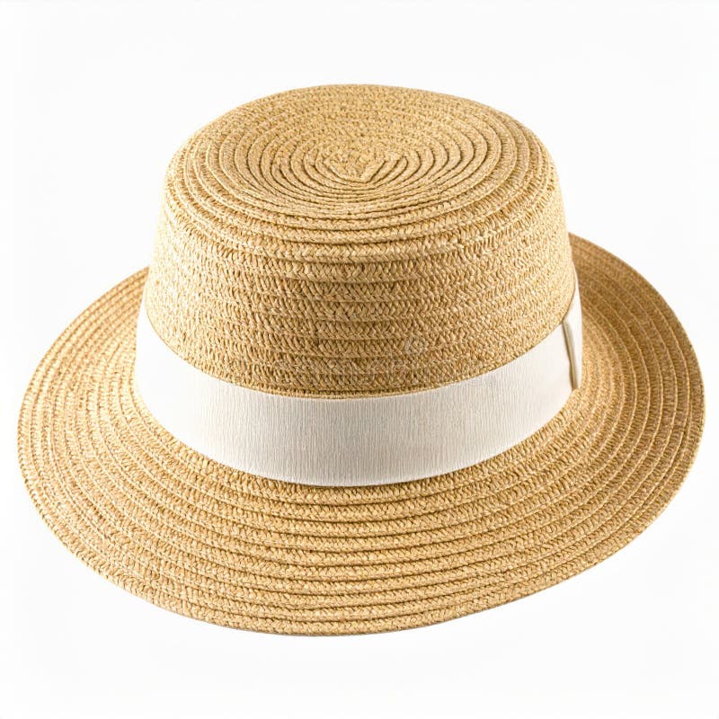 Beige Straw Boater Hat with White Ribbon Stock Illustration ...