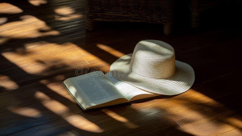Beige Straw Hat and Open Book in Sunlight on Wooden Floor Stock ...