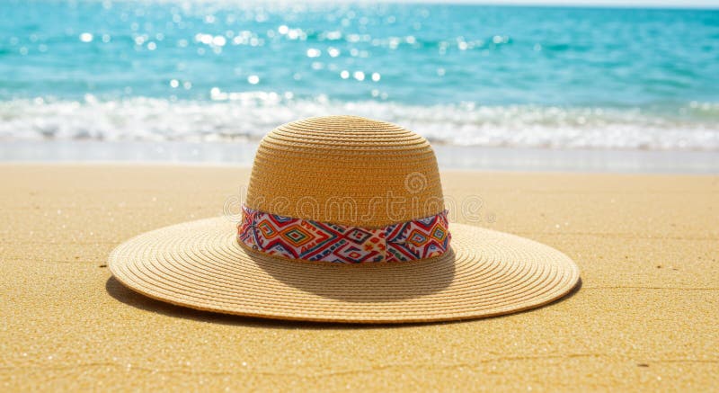 Beige Straw Hat on Sandy Beach with Ocean Background Stock Illustration ...