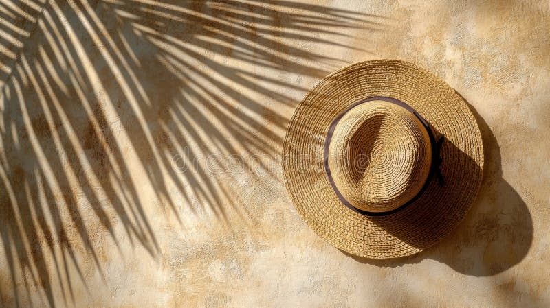 Beige Straw Hat Under Palm Shadow on Sandy Surface Stock Illustration ...