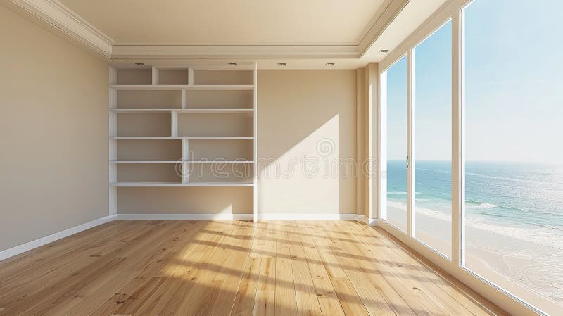 Beige Studio Interior with Hardwood Floor, Front View, Empty Open Space ...