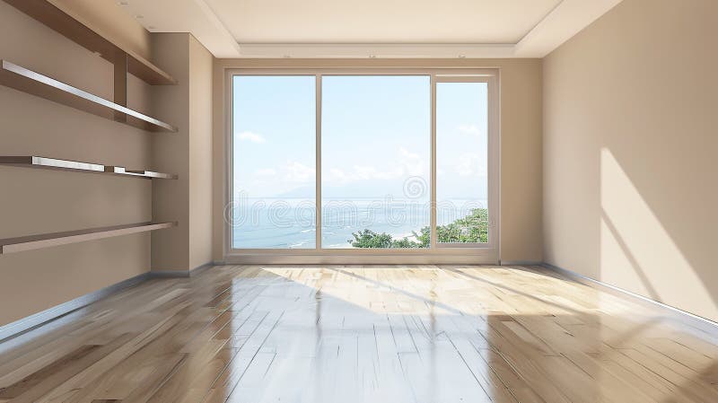 Beige Studio Interior with Hardwood Floor, Front View, Empty Open Space ...
