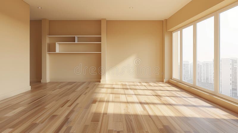 Beige Studio Interior with Hardwood Floor, Front View, Empty Open Space ...