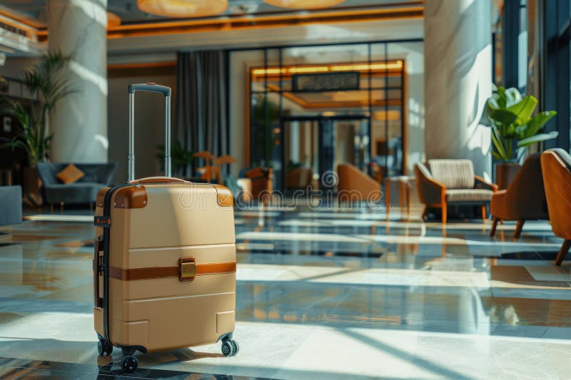 A Beige Suitcase Stands in the Elegant Lobby of a Modern Hotel Stock ...