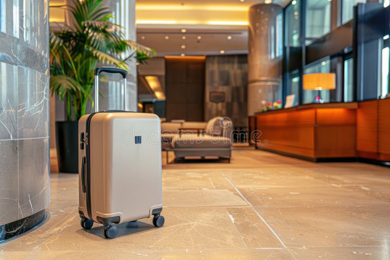 A Beige Suitcase Stands in the Elegant Lobby of a Modern Hotel Stock ...