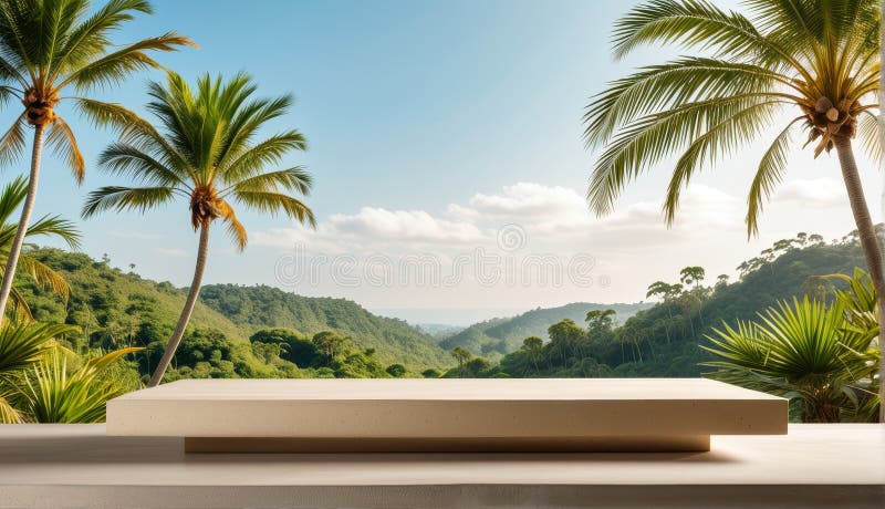 Beige Tabletop in Jungle Setting with Sky Background Stock Photo ...