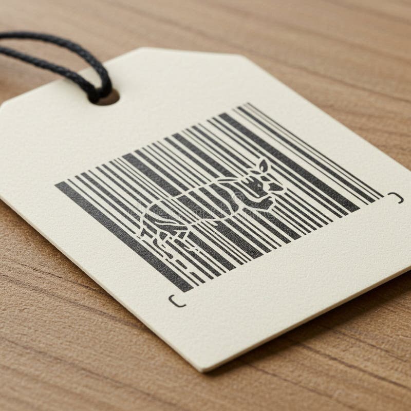 A Beige Tag Rests on a Wooden Surface, Featuring a Black Barcode Design ...