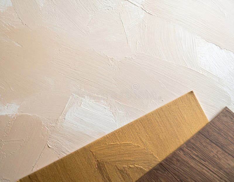 Beige Textured Wall Background with Wood Floor Laminate Samples in ...