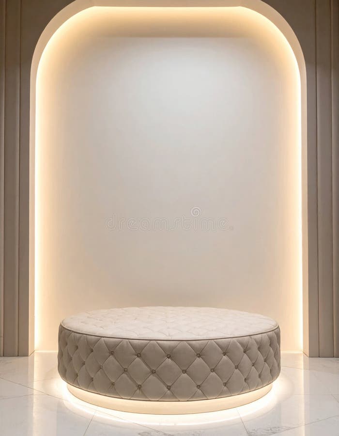 Beige Upholstered Round Podium Display Stand in Minimalist Interior ...