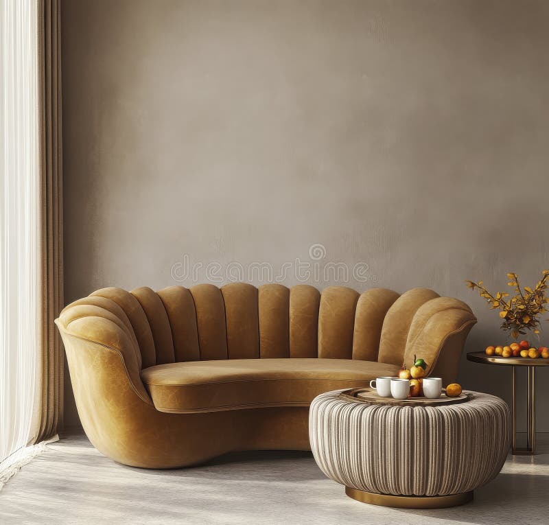 Beige Velvet Curved Sofa in Modern Interior with Textured Walls Stock ...