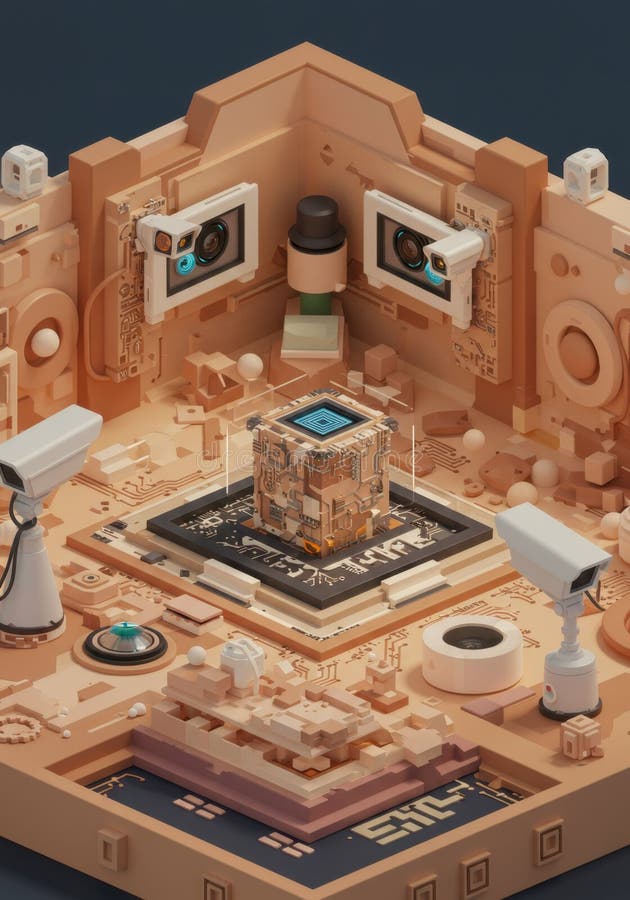 Beige Voxel Room with Central Cube and Surveillance Cameras Stock ...