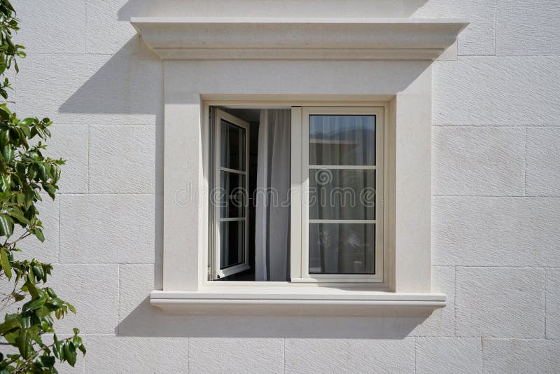 Beige Wall with Open Elegant PVC Window Stock Image - Image of window ...