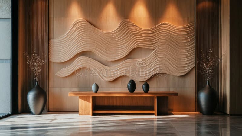 Beige Wave Wall Art in Modern Hotel Lobby Stock Illustration ...