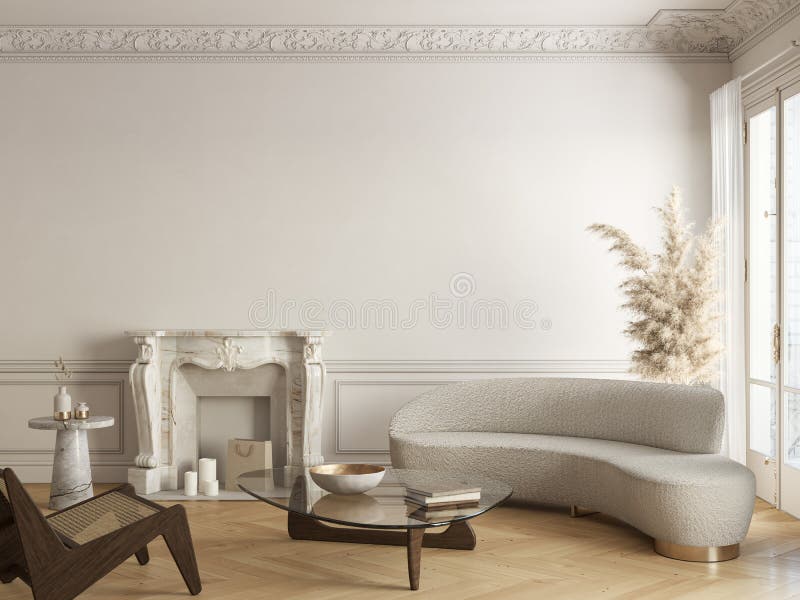 Beige Classic Interior with Lounge Soft Armchairs, Decor and Moldings ...