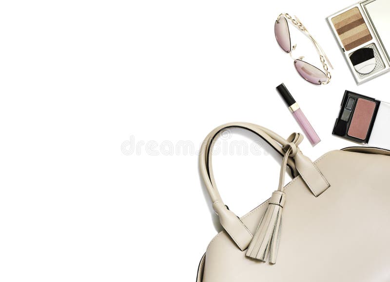 Beige Woman`s Handbag and Accessories Isolated on White Background ...