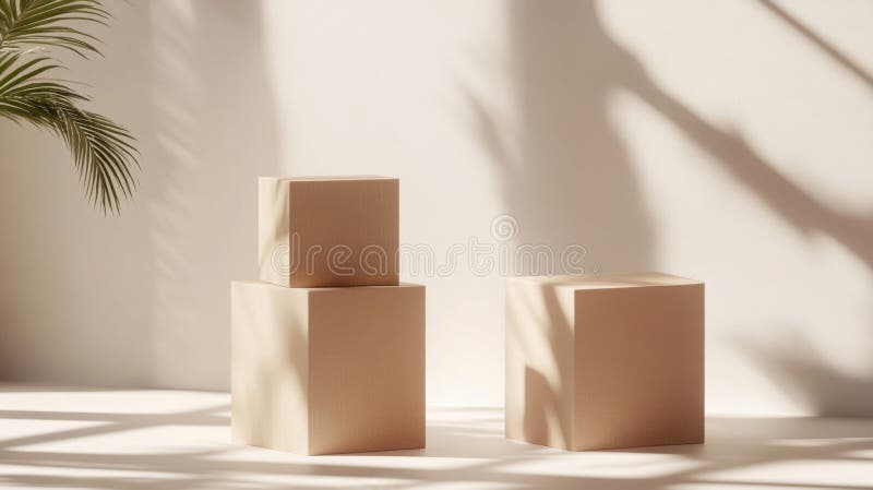 Beige Wooden Cubes Display Against White Wall with Sunlight Stock ...